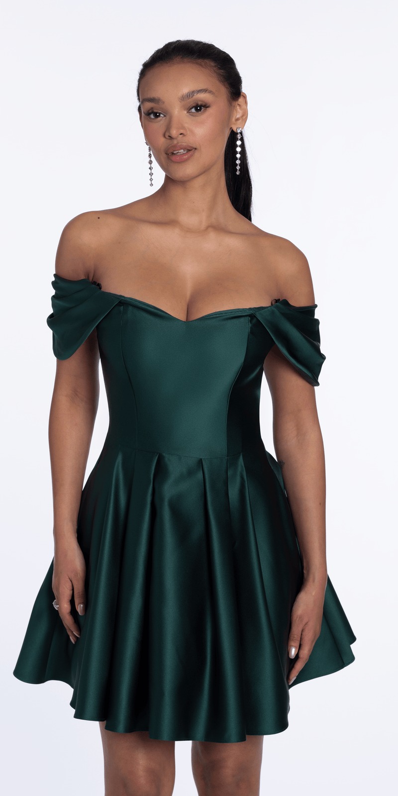 Satin Off the Shoulder Fit and Flare Dress with Princess Pleats ...