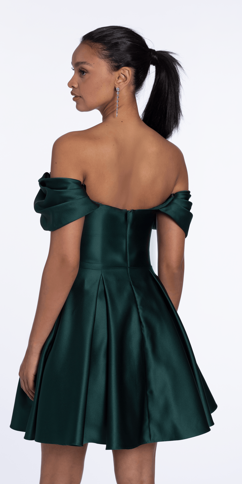 Satin Off the Shoulder Fit and Flare Dress with Princess Pleats ...