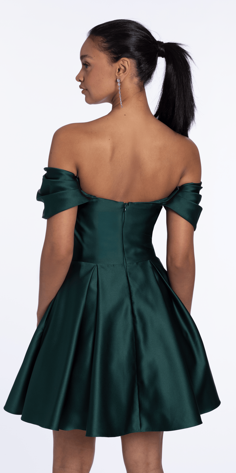 Satin Off the Shoulder Fit and Flare Dress with Princess Pleats ...
