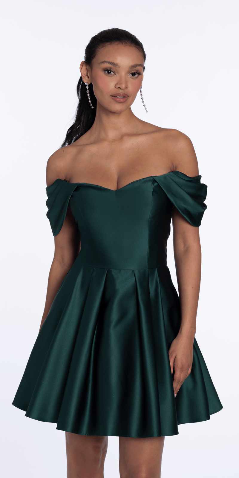 Satin Off the Shoulder Fit and Flare Dress with Princess Pleats ...