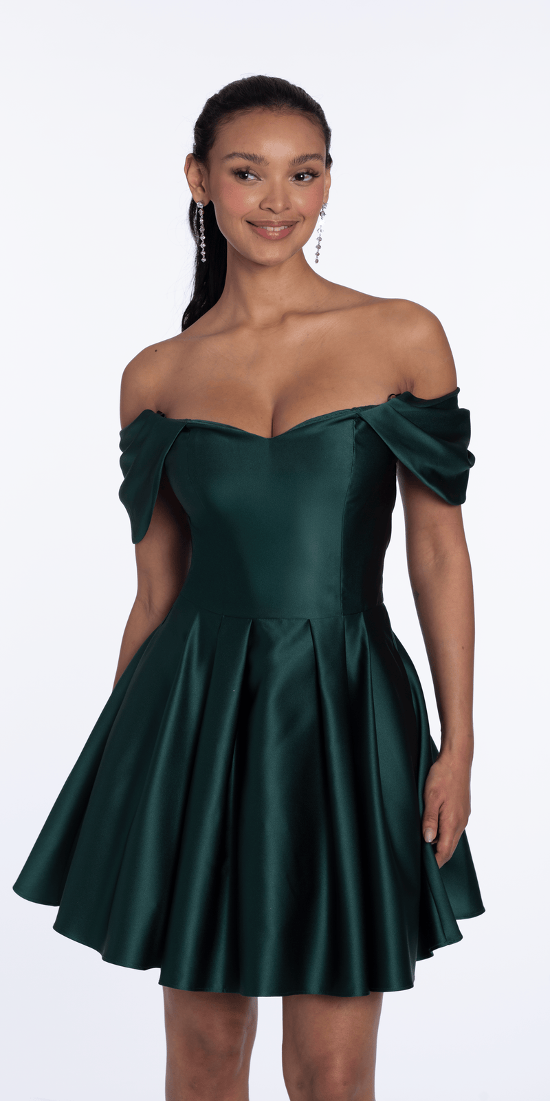 Satin Off the Shoulder Fit and Flare Dress with Princess Pleats ...