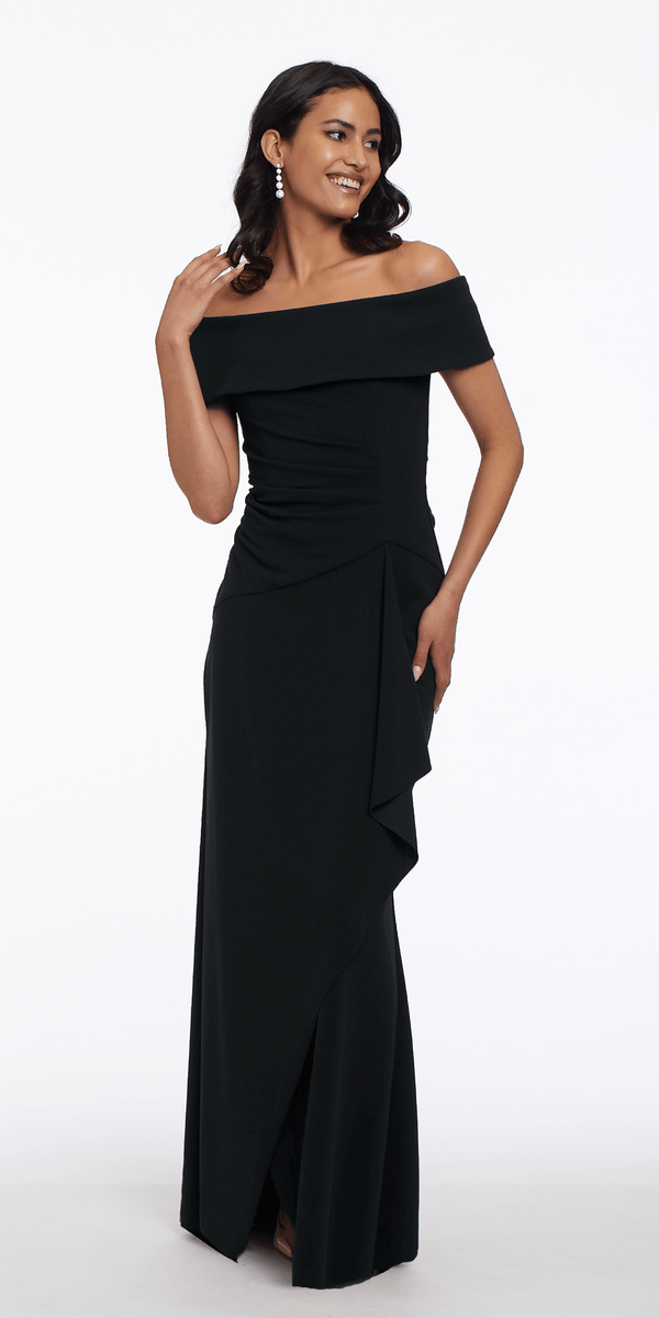 Off the Shoulder Crepe Dress with Side Drape – Camille La Vie