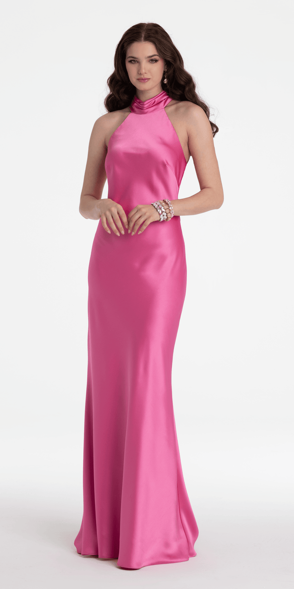 Charmeuse Satin Cutaway Halter Column Dress with Back Ruching – Camille ...