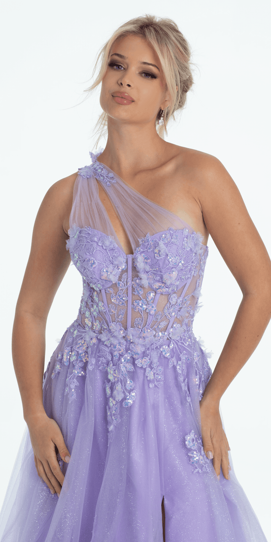 Glitter Mesh One Shoulder Corset Ballgown with Side Slit – Camille La Vie