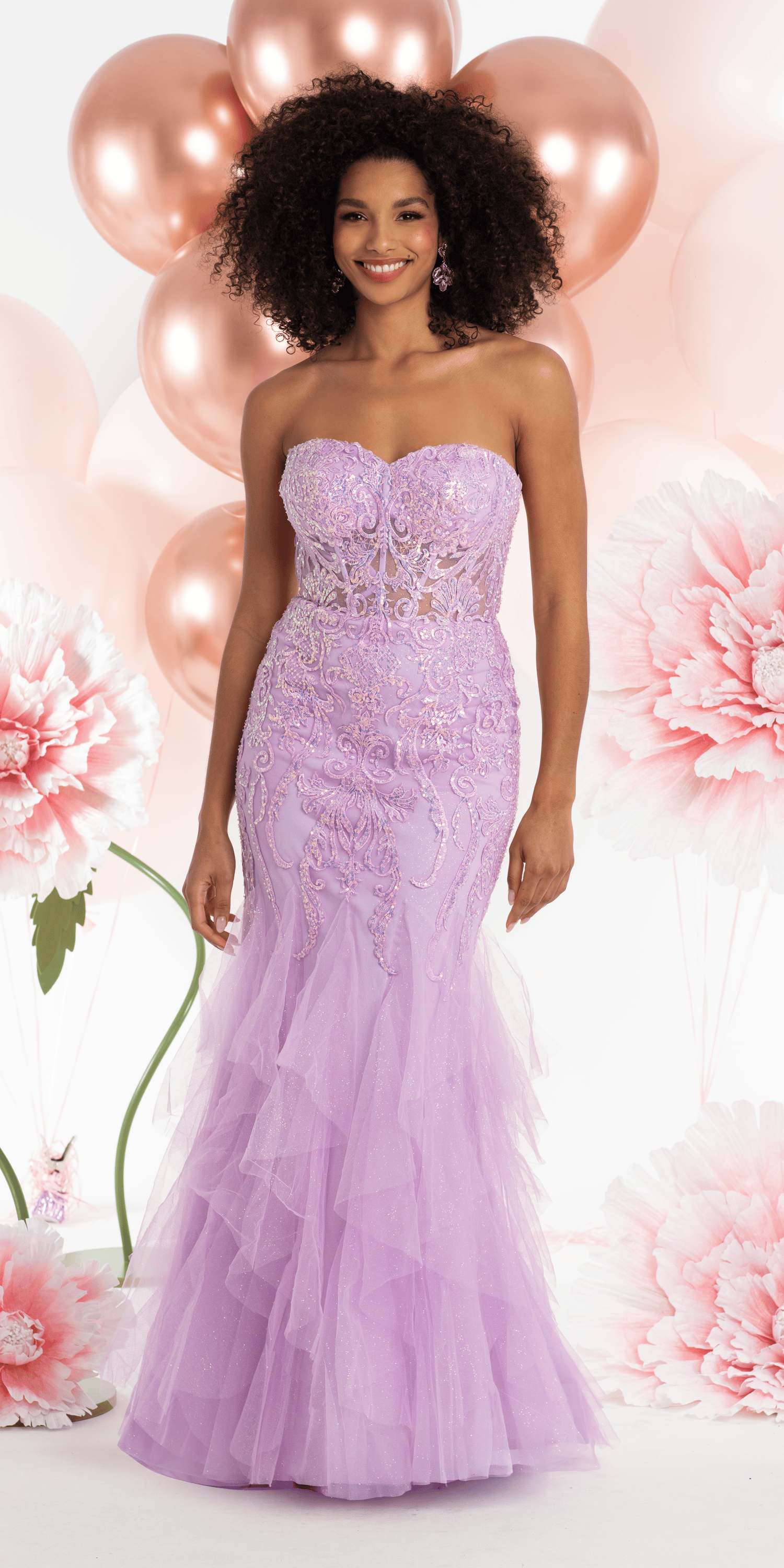 Embroidered Strapless Glitter Mesh Corset Mermaid Dress with Tendrils ...