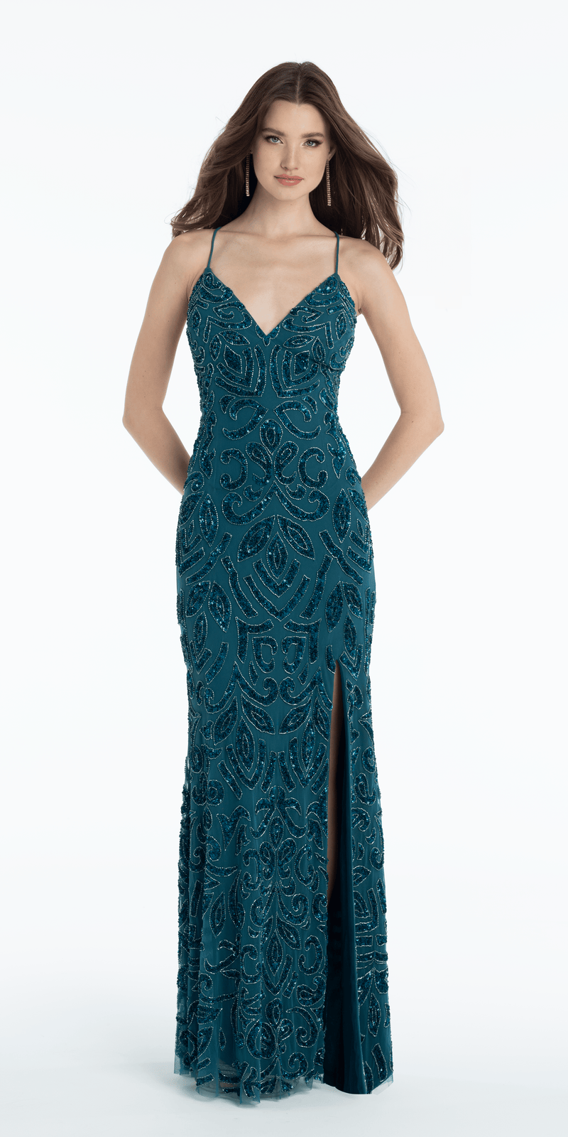 Sweetheart Mesh Scroll Beaded Column Dress with Side Slit – Camille La Vie